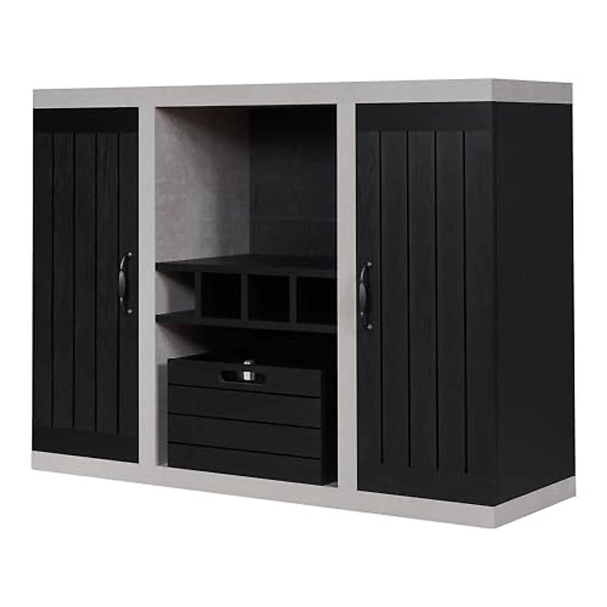HOMES: Inside + Out FGI-1777C1 Cato Industrial Two-Tone Buffet with Open Shelf, Wine Bottle Holder, Slatted Drawer and Cabinets, Black and Cement