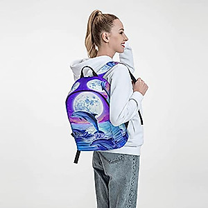 FeHuew 16 inch backpack Fantasy Galaxy Moon Dolphins Laptop Backpack Full Print School Bookbag Shoulder Bag for Travel Daypack