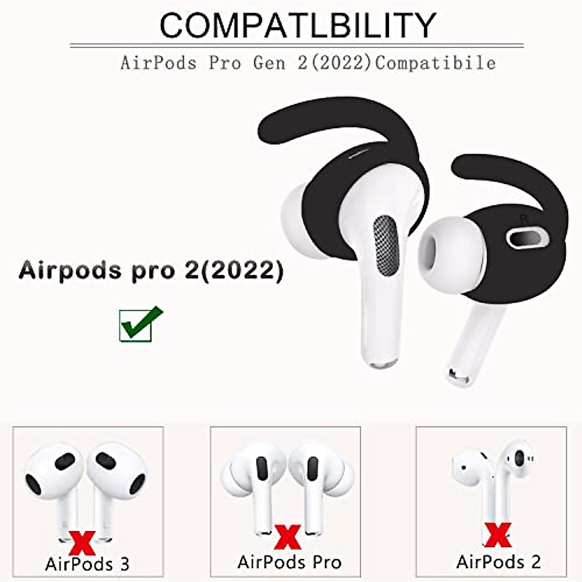 Luckvan 4 Pairs Ear Hooks for AirPods Pro 2 with Silicone Storage Pouch Earbuds Cover for AirPods Pro2 Accessory Wing Ear Tips Black