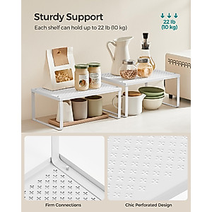 SONGMICS Spice Rack, Cabinet Shelf Organizers, Shelf Organizer, Countertop Organizer, Shelf Riser, Stackable, Expandable, Set of 4 Metal Kitchen Counter Shelves, White UKCS006W01