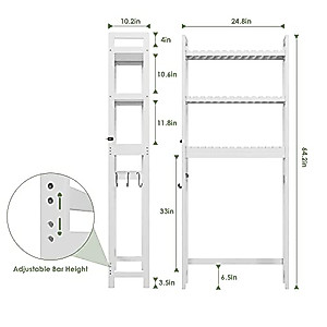 Bamjoy Over The Toilet Storage Shelf, Bamboo 3 Tier Bathroom Space Saver Organizer, Multipurpose Toilet Storage Rack with 6 Hooks Bathroom Kitchen Balcony Entryway, Easy to Assemble, 64”H White