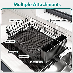 MAJALiS Dish Drying Rack with Drainboard Set, Large Dish Drainers for Kitchen Counter, Stainless Steel Drying Rack with Utensil Holder and Dryer Mat, Kitchen Dish Strainer Rack (Black - One Tier)
