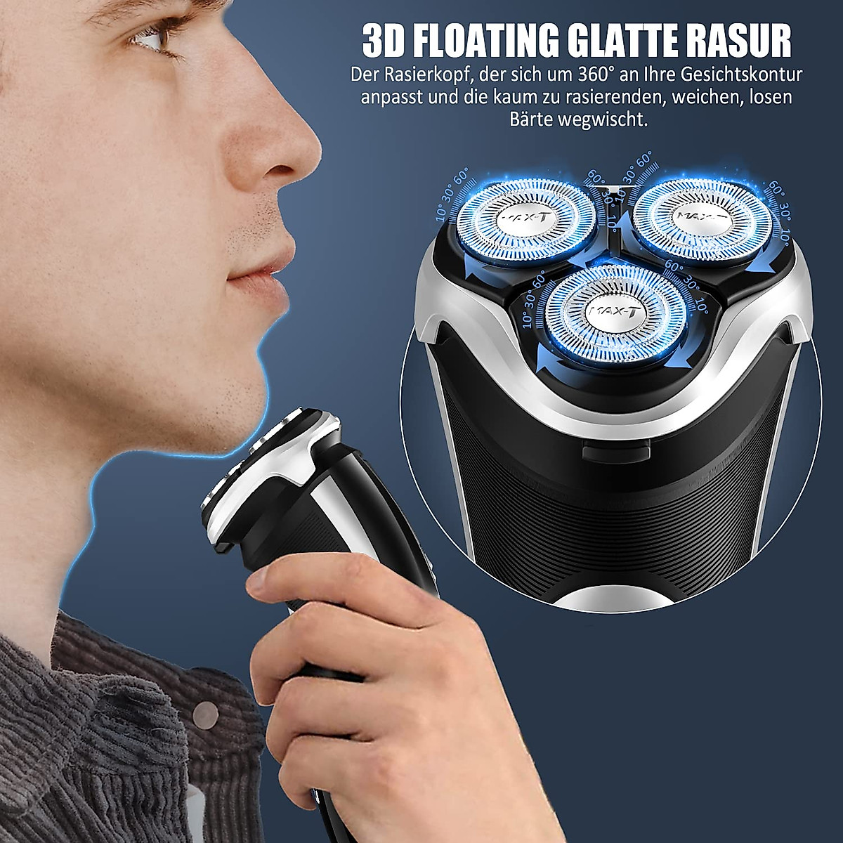 Electric Shaver for Men, MAX-T Quick Rechargeable Electric Razor Wet Dry Rotary Shaver with Pop Up Trimmer and LED Display, IPX7 100% Waterproof （8101 with Adapter Charger）