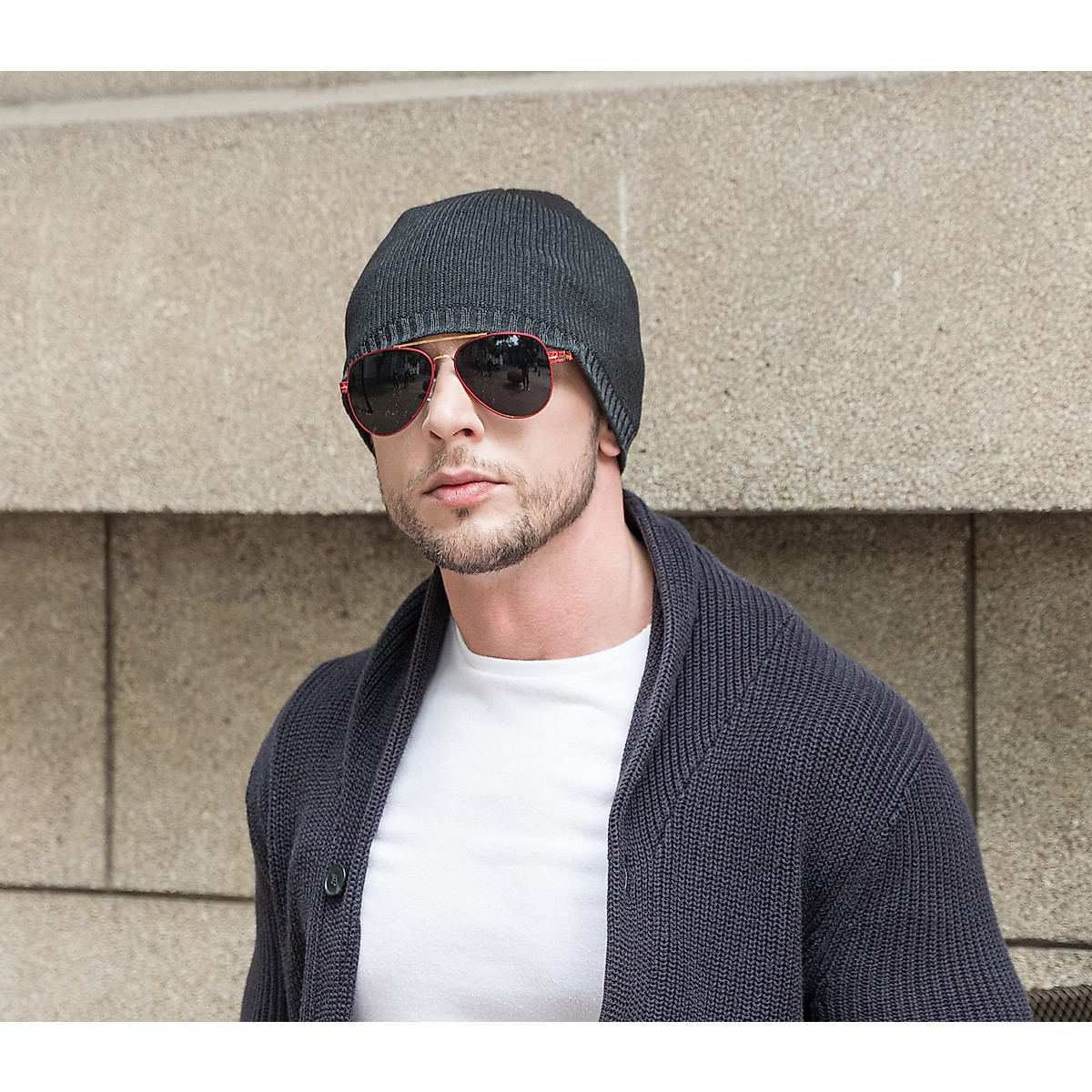 ZLYC Men Fashion Knit Fisherman Beanie Hat Winter Warm Thick Skull Cap (Plain Black)