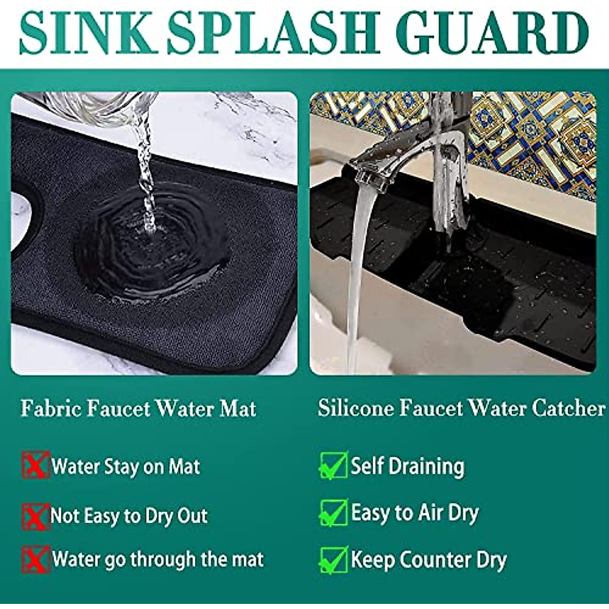 Kitchen Faucet Sink Splash Guard Silicone Faucet Sink Water Catcher Mat Draining Pad Splash Countertop Rubber Drying Mat for Kitchen Bathroom Countertop Protect Sink Splash Guard(Black A)