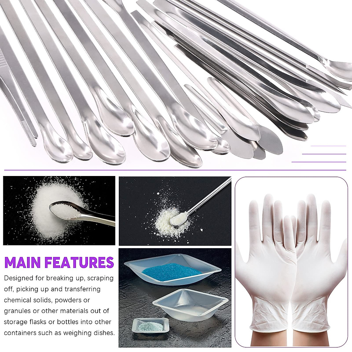 Swpeet 23Pcs Stainless Steel Micro Lab Scoop Spoon Lab Spatulas Assortment Kit, Pill Filler Tamper Tool Micro Spatula Steel Spoon Reagent Laboratory Mixing Spatula Long Sampling Spoon for Powders Gel
