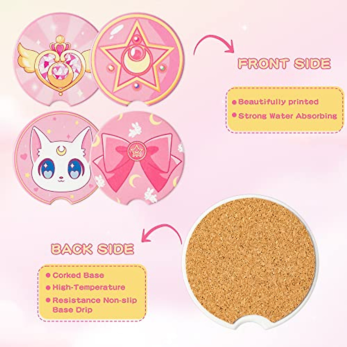 4Pcs Anime Moon Cat Car Coasters with Finger Notch Aesthetic Moon Cat Shaped Absorbent Ceramics Heat Resistant Anti Slip Cork Base Car Drinks Coasters Auto Accessories for College Back to School Gifts