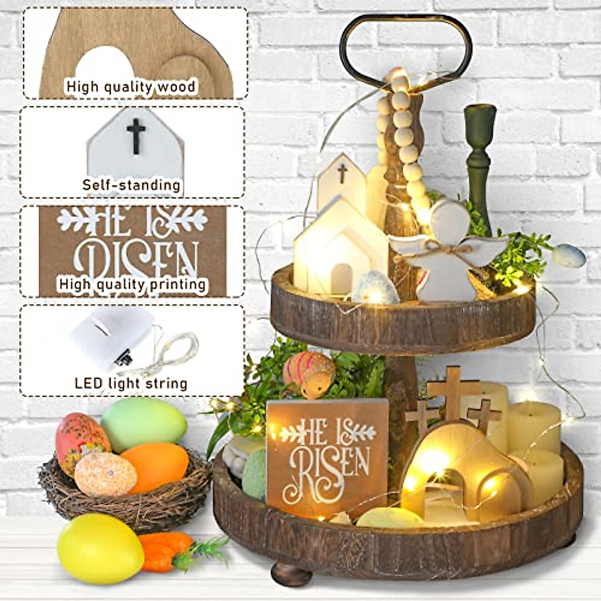 5 Pcs Jesus Tomb Easter Tray Bundle Kit with LED Fairy Lights, Wooden Easter Jesus Sign He Is Risen Resurrection Scene Nativity Christ Statue Farmhouse Easter Tiered Tray Decor for Home Church Table