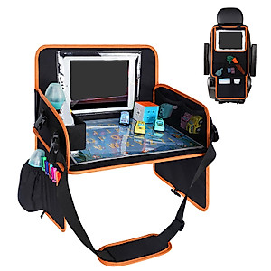 MENZOKE Kids Travel Tray, Car Seat Organizer Toddler with Dry Erase Board Car Lap Desk Table with iPad Holder, Storage Pocket, Kids Active Eating Tray for Road Trip, Airplane, Stroller, Black