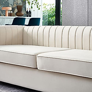 Contemporary Velvet Sofa Couch 84.25''W for Living Room - Modern Velvet Couch with Flared Arms and Removable Cushions, Living Room Furniture, Solid Wood Frame with Golden Legs - Beige