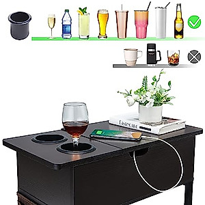 Lovitgo End Table with Power Outlet, Small Side Table with USB Ports & Fast Charging, Flip Top Nightstand with 2 Cup Holders & Fabric Drawer, Fabric Bag for Small Spaces,Living Room,Bedroom