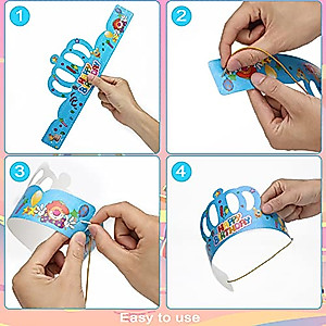 FLYTT 30 Pack Birthday Crowns Party Hats for Kids Classroom with 30 Pcs Badge Stickers for Preschool Kindergarten School Party Supplies