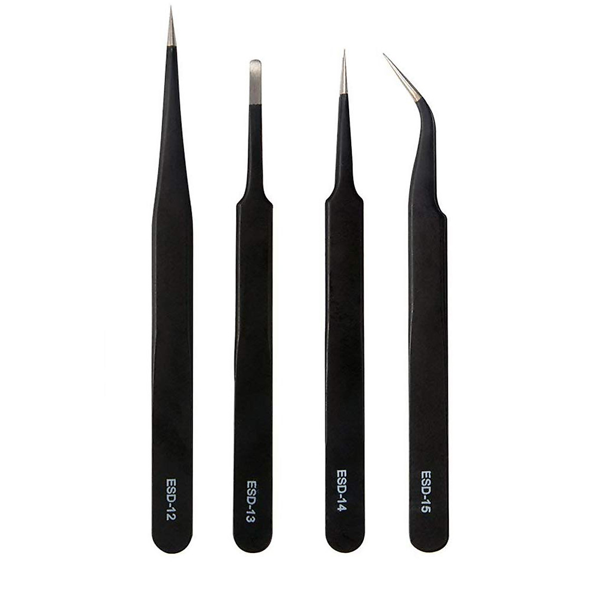 Tovip 4 Pcs ESD Tweezers Set Anti-Static Tweezers Stainless Steel Tweezers for Eyelash Extension,Electronics, Jewelry-making - Straight and Curved Tip Tweezers - Black