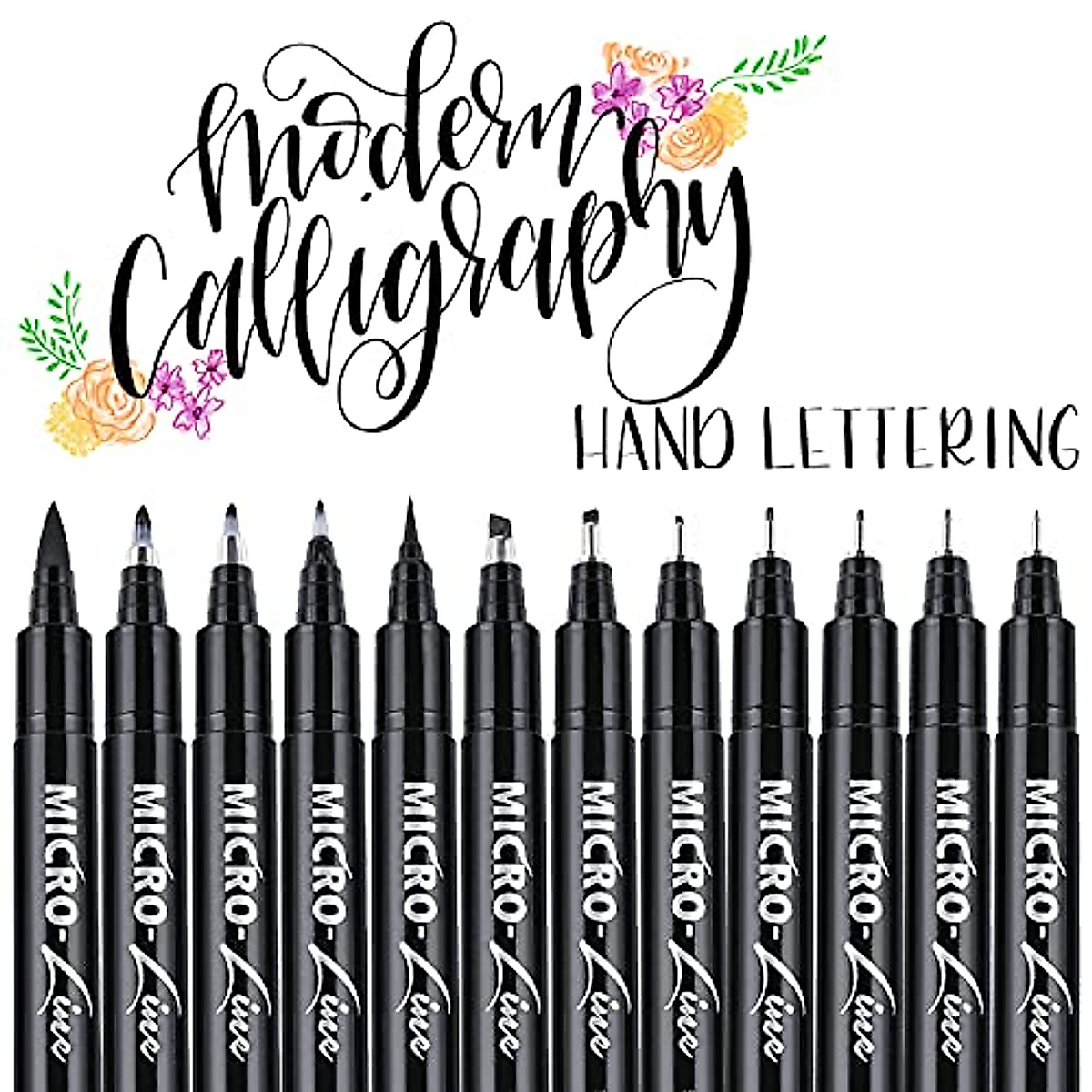 Dyvicl Hand Lettering Pens, Calligraphy Brush Pens Art Markers for Beginners Writing, Sketching, Art Drawing, Illustration, Scrapbooking, Journaling, Black Ink Pen Set, 12 Size