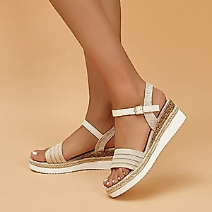 Sandals for Women Casual Summer Bohemian Fabric Open Toe Slope Heel Thick Bottom Buckle Sandals Glittery Sandals