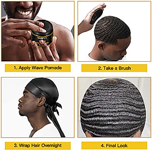 Natural Wave Pomade for Men Strong Hold, Easy Wash (Wave Pomade, 2 Wave Brushes, Silky Durag) Promotes Moisture, Control & Shine