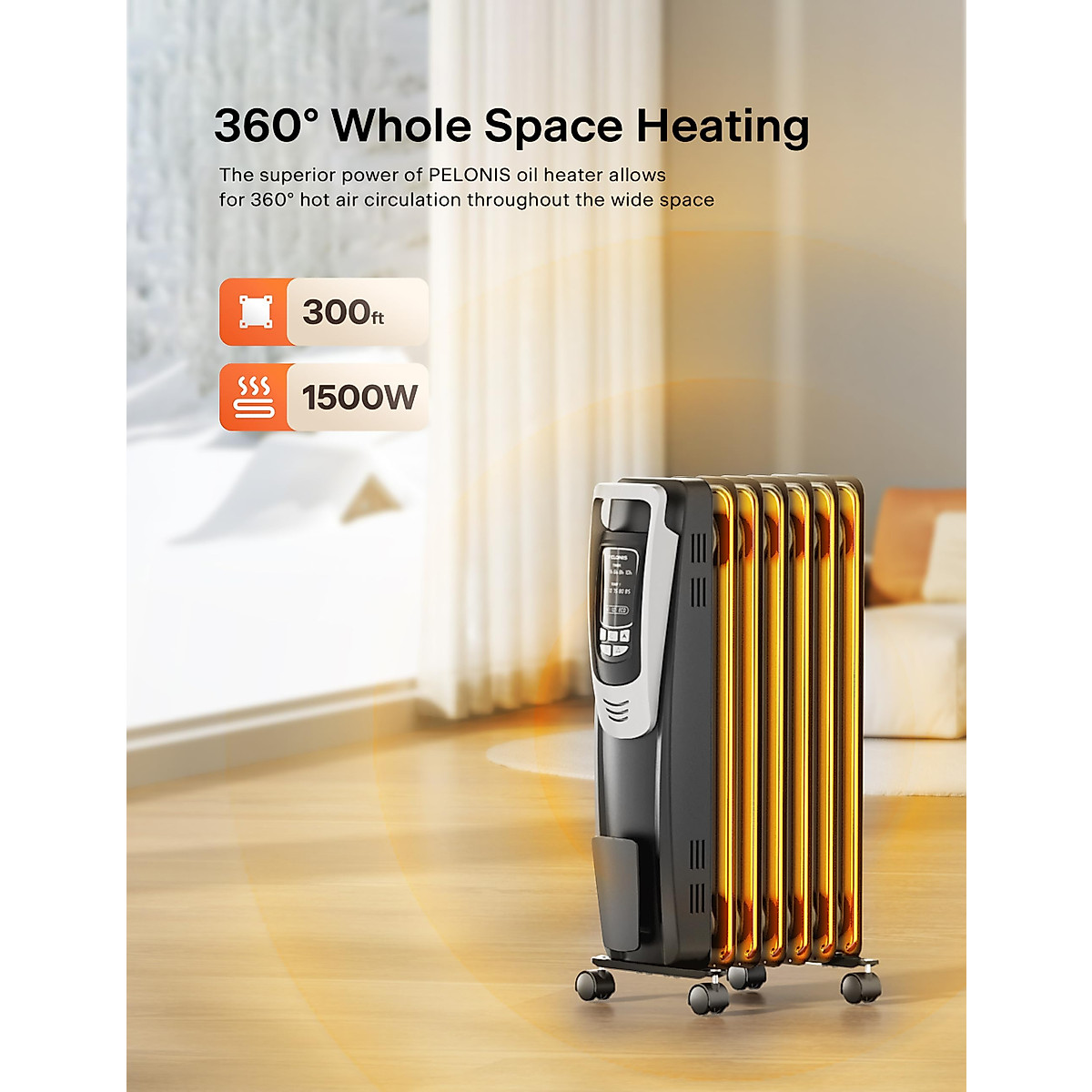 PELONIS Radiator Heater for indoor use Large Room with Remote, Thermostat & LED Display, Quiet Oil Filled Heater with 5 Temperature Settings, Overheat & Tip-Over Protection, Silver