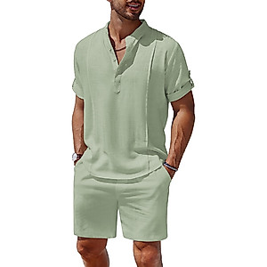 COOFANDY Linen Sets For Men 2 Pieces Henley Shirt Short Sleeve and Shorts With Pockets Sets Beach Yoga Matching Outfits