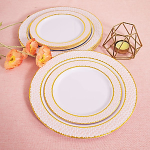 Liacere Plastic Plates, 102PCS Pink w/Gold Rim - Classic Style Disposable Plates for Mother's Day, Party, Easter & All Occasions