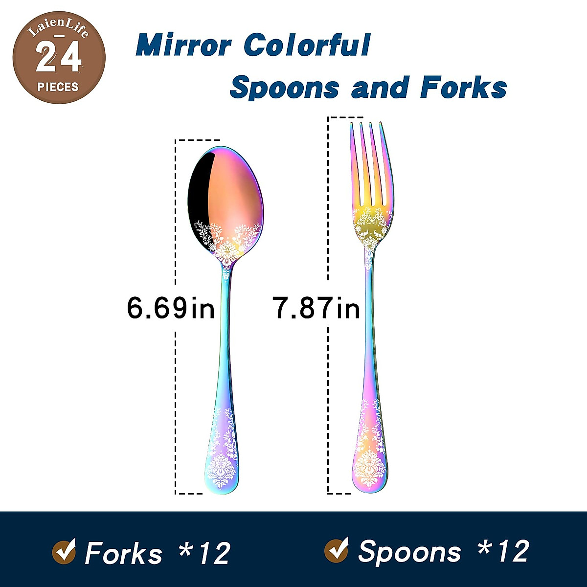 24-Piece Rainbow Spoons and Forks Silverware Set for 12, LaienLife Unique Stainless Steel Flatware Set of Forks Spoons, Modern Utensils Cutlery Service for Home Kitchen Restaurant, Mirror Polished