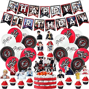 STRAY-KIDS Birthday Party Supplies,STRAY-KIDS Birthday Decorations Gift Set - STRAY-KIDS Banner,18PCS Balloons,Cake Toppers,21PCS Cupcake Toppers Perfect for Boys and Girls(Red)