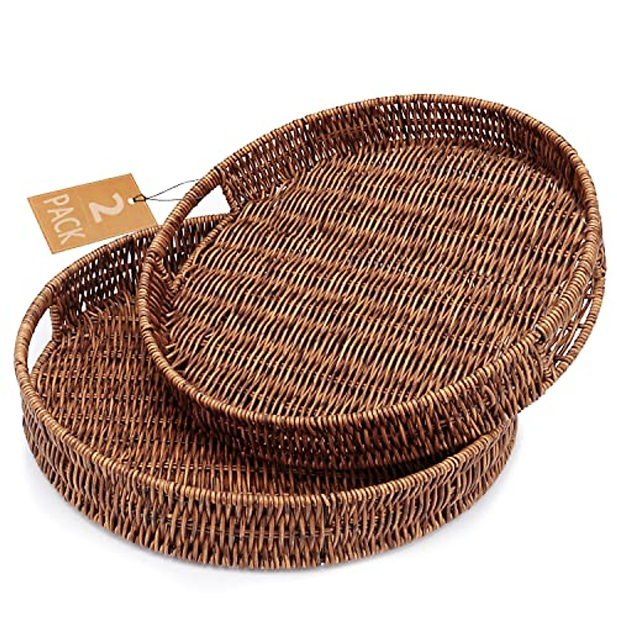 Set of 2 Rattan Serving Tray Round Rattan Basket Trays with Handles for Breakfast, Large Woven Decorative Tray for Coffee Table, Kitchen, Bathroom (12.6in + 13.8in)