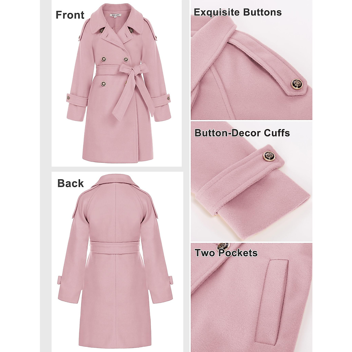 GRACE KARIN Kid Dress Coat Lapel Long Winter Pink Coats for Girls Size 8-10 Pockets Belt