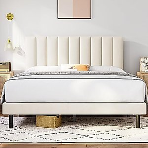 Molblly Full Size Bed Frame Velvet Upholstered Platform with Headboard and Strong Wooden Slats,Mattress Foundation,Non-Slip and Noise-Free,No Box Spring Needed, Easy Assembly,Light Beige