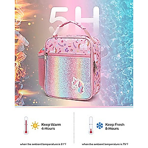 Bagseri Kids Lunch Box Girls - Insulated Kids Lunch Bag for Girls Portable Reusable Toddler Lunch Cooler Bag for School, Water-resistant Lining（Glitter Unicorn,Pink）