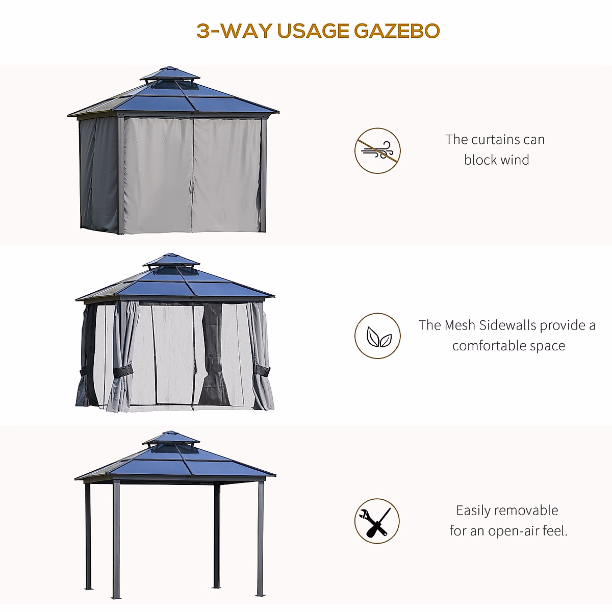 Outsunny 10' x 10' Hardtop Gazebo Canopy with Polycarbonate Roof, Aluminum Frame, Permanent Pavilion Outdoor Gazebo with Netting, for Patio, Garden, Backyard, Deck, Lawn, Gray