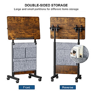 KOUPA Height Adjustable Standing Desk with Storage Bag 16 x 24 in, Portable Rolling Mobile Stand Up Table with Wheels, 360° Flip Laptop Computer Desk for Home Office, Rustic Brown