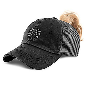 Speedy Pros Womens Ponytail Cap Checkered Flag Embroidery Cotton Messy Bun Distressed Trucker Hats Strap Closure Black Design Only