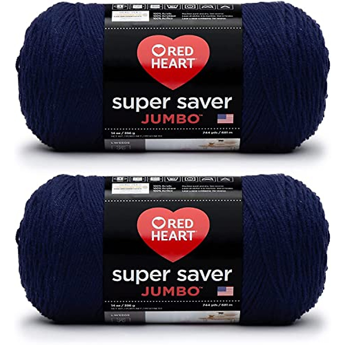 Red Heart Super Saver Jumbo Soft Navy Yarn - 2 Pack of 396g/14oz - Acrylic - 4 Medium (Worsted) - 744 Yards - Knitting/Crochet