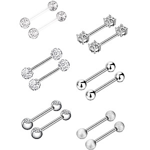 Sumind 6 Pairs Nipple Bars Surgical Stainless Steel Piercing Barbell Ring Tongue Ring Cubic Zirconia Nipple Rings Body Piercing Jewelry, 14 Gauge