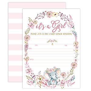 Elephant Baby Shower Invitation - Girl Pink Elephant Baby Shower - Jungle Baby Girl Shower Invite - It's a Girl - Baby Sprinkle Invite - 20 Fill-In Invitations - Envelopes Not Included