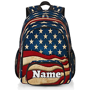 Herdesigns American Flag Custom Backpack for Men Women Adult 4th of July Personalized Lightweight Casual Laptop Backpack Customized Computer Hiking Gym Travel Travel Daypack with Name