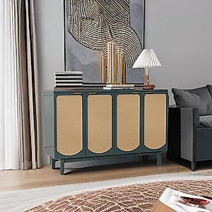ARTPOWER Sideboard Buffet Cabinet with 4 Rattan Doors, Accent Storage Cabinet with Shelves, Free Standing TV Console Table, Modern Teal Credenza for Kitchen, Dining Room, Living Room, Hallway