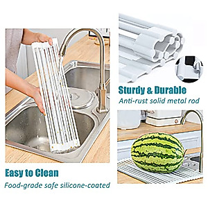 ZOIMINU Dish Drainer, White Roll Up Dish Drying Rack, Over Sink Drying Rack with Silicone-Coated, Heat-Resistant Anti-Slip Dry Rack for Dishes Cups Fruits Vegetables - 17" x 13.1"