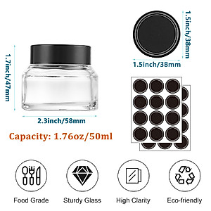 Acrux7 24 Pack Small Glass Jars, Round Clear Glass Jars with Black Lids, Labels & Inner Liners, Empty Refillable Glass Cosmetic Container Leak Proof Travel Jars for Cream, Lotion, Sample (1.76oz/50ml)