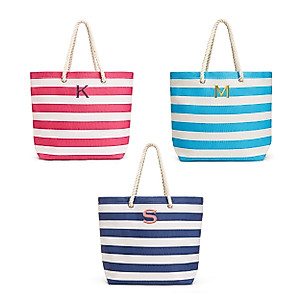 WEDDINGSTAR Personalized Extra-Large Cabana Stripe Canvas Fabric Tote Bag - Navy