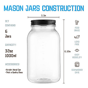 novelinks 32 OZ Clear Plastic Mason Jars with Lids - Dishwasher Safe Plastic Mason Jars 32 OZ Plastic Jars with Lids for Kitchen & Household Storage (6 Pack) (Black)