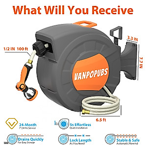 Vanpopubs Retractable Garden Hose Reel,1/2 in x 100 ft Hose Reel Auto Rewind, Any Length Lock/Wall Mounted/180°Swivel Bracket,with 10 Function Sprayer Nozzle