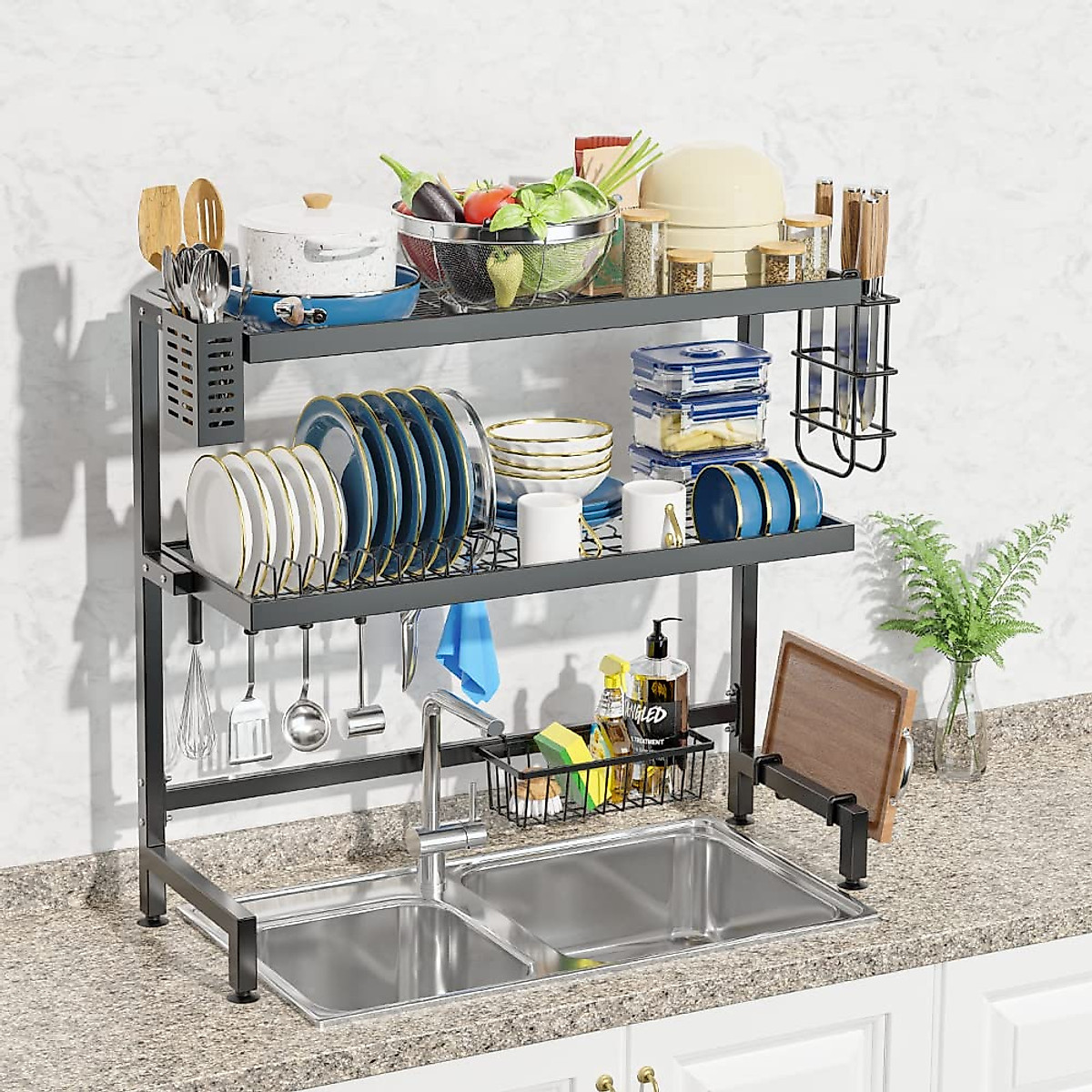 NETEL Over The Sink Dish Drying Rack, 3-Tier（25.6"） , Stainless Steel Dish Drainer with Cutting Board Holder, Large Dish Rack for Kitchen Counter Organizer Space Saver (Sink Size≤24inch, Black)