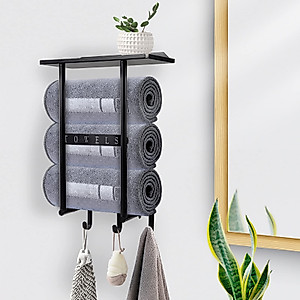 Towel Racks for Bathroom Wall Mounted, Wall Towel Rack for Rolled Towels, Bathroom Wall Organizers and Towel Storage, With Metal Shelf and 3 Hooks for Small Bathroom, Camper, RV Storage, Black