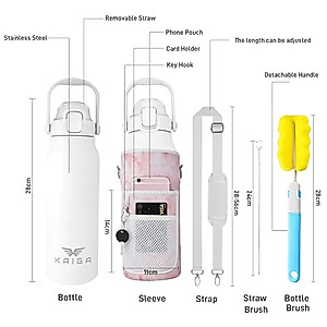 44 Oz Stainless Steel Water Bottle with Straw, Insulated Double Walled Thermos with Wide Mouth and Leak Proof Lid, Jug with Handle, Straw and Sleeve - Large BPA Free Metal Flask