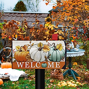 FBCOO Welcome Fall White Teal Pumpkin Mailbox Cover Magnetic Standard Size 20.5" x 18", Autumn Seasonal Decorative Post Letter Box Decor, Thanksgiving Farmhouse Rustic Garden Yard Outdoor Decoration