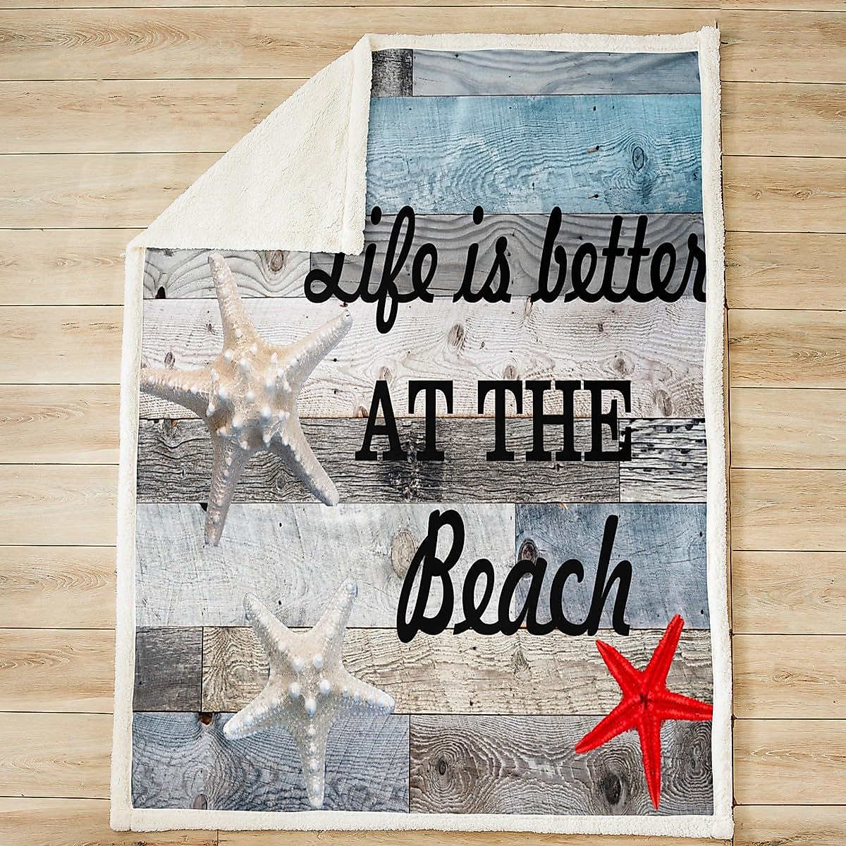 jejeloiu Kids Beach Theme Fleece Throw Blanket 40"x50" Ocean Coastal Nautical Sherpa Blanket Starfish Beach Marine Bedroom Decor Plush Blanket Women Men Sea Fuzzy Blanket