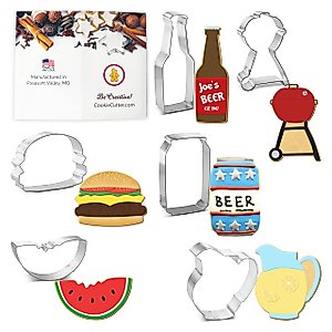 Foose Brand Cookie Cutter Summer Picnic 6 Pc Set with Recipe Card, Made in USA - 4 in Hamburger 4.5 in Bottle 3.5 in Charcoal Grill 3.5 in Watermelon 4 in Soda Beer Can 3.5 in Juice Lemonade Pitcher