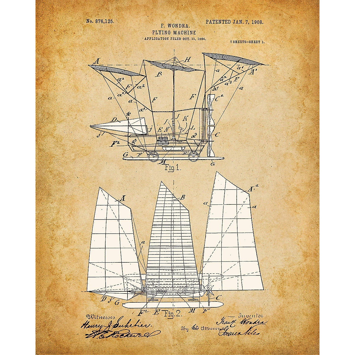 Original Flying Machines Patent Prints - Set of Four Photos (8x10) Unframed - Makes a Great Home or Man Cave Decor and Gift Under $20 for Engineers and Pilots