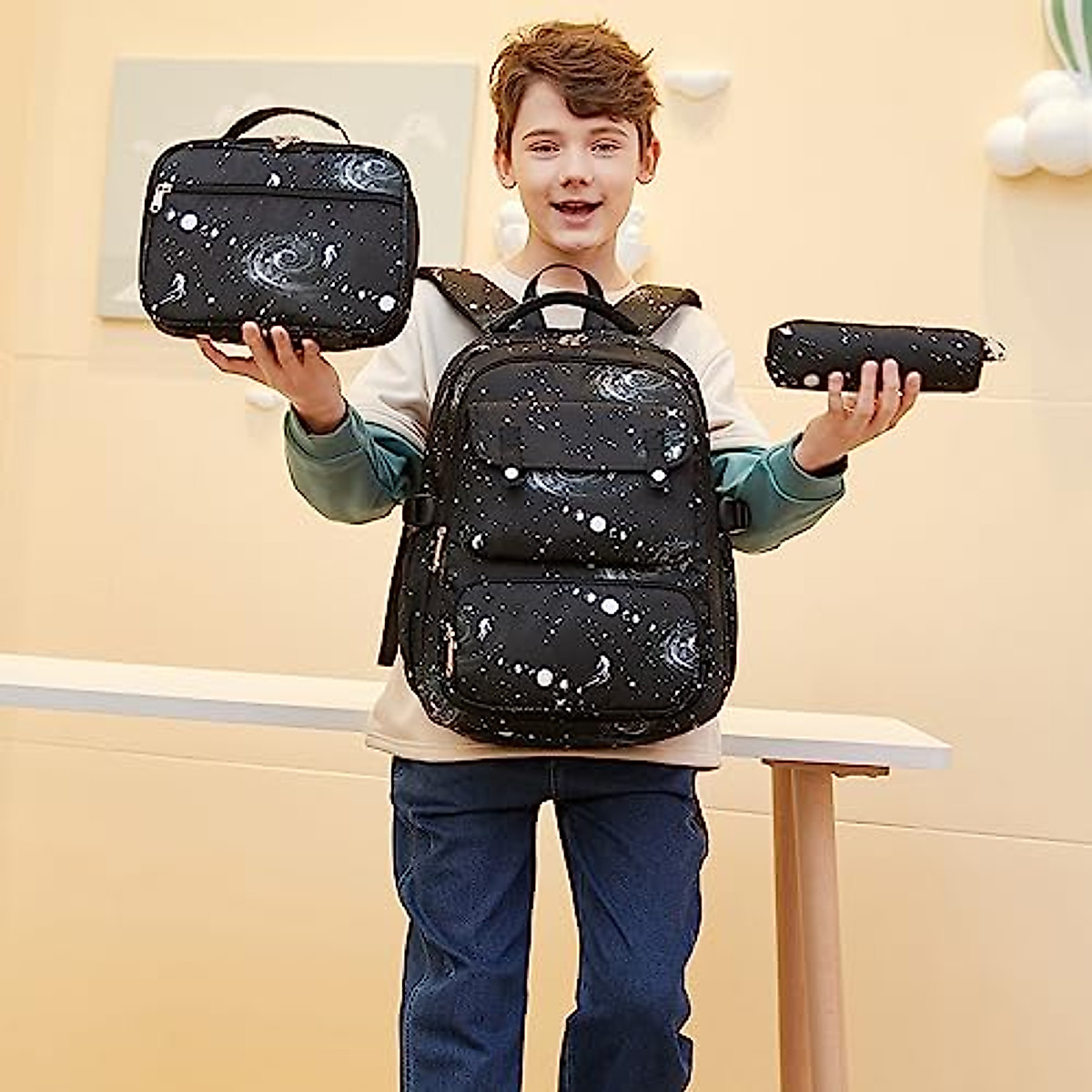 Joyfulife School Backpack for Boys Backpack with Lunch Box Lightweight Galaxy Elementary Primary Kids BookBags School Bag Teen Backpack Set